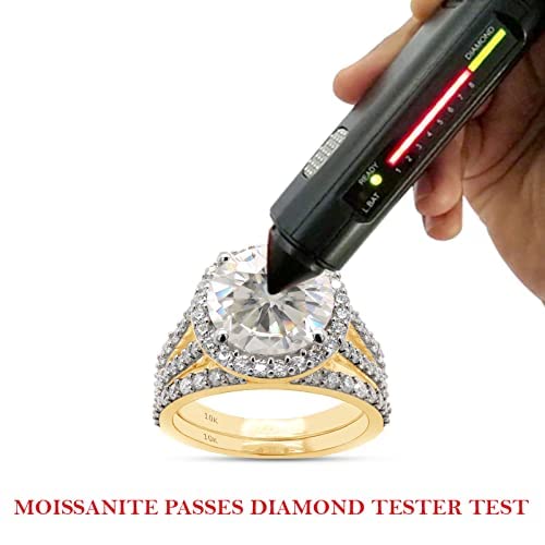SAVEARTH DIAMONDS Split Shank Design, 4 1/2 cttw Center 10MM Round Cut Lab Created Moissanite Diamond Halo Bridal Set Ring 10K Solid Yellow Gold (VVS1 Clarity, 4.50 Cttw)-7.5