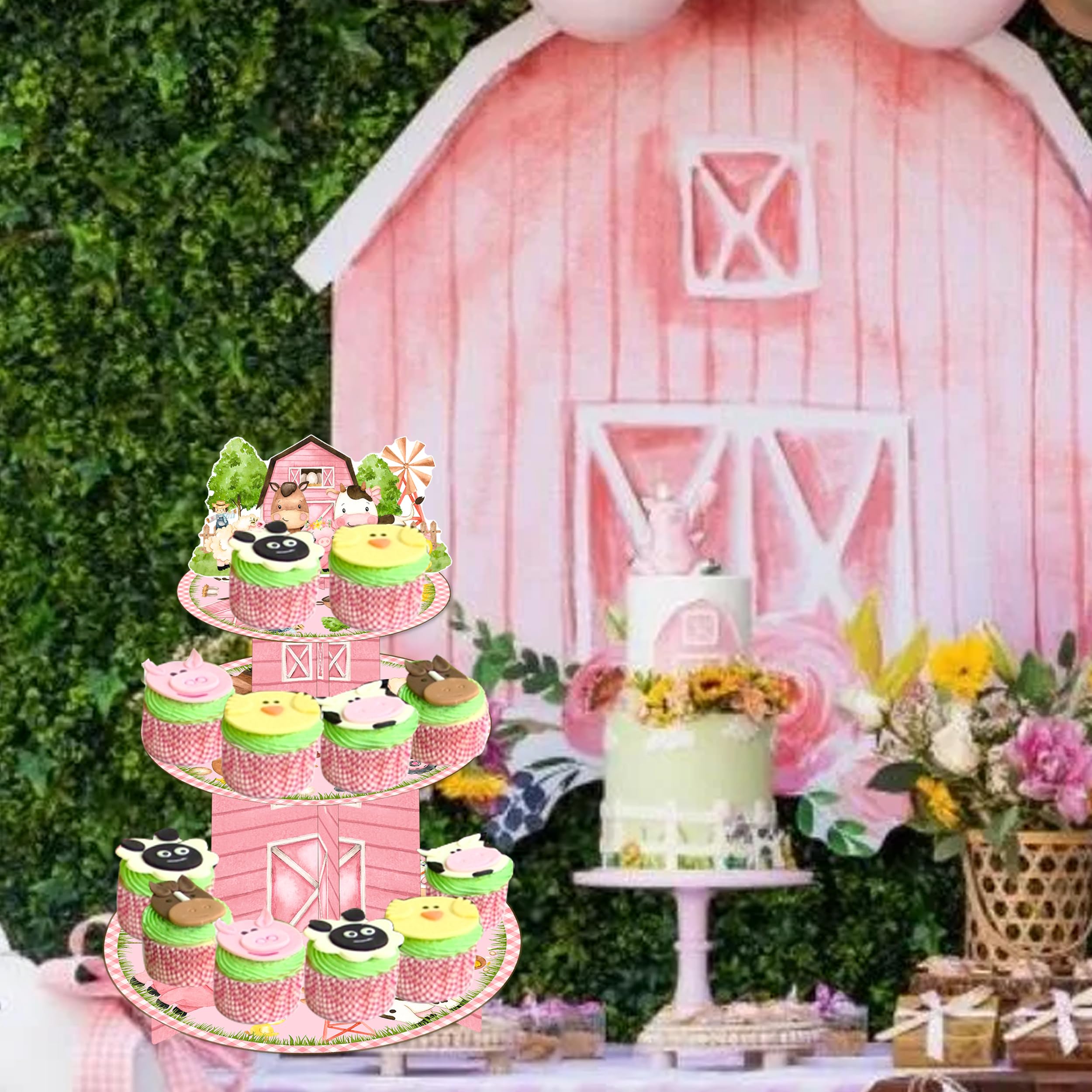 Pink Farm Animals Cupcake Stand 3 Tiers Farm Birthday Party Tower Barnyard Party Stand Holder Farm Animals Party Decorations for Farmhouse Baby Shower Supplies