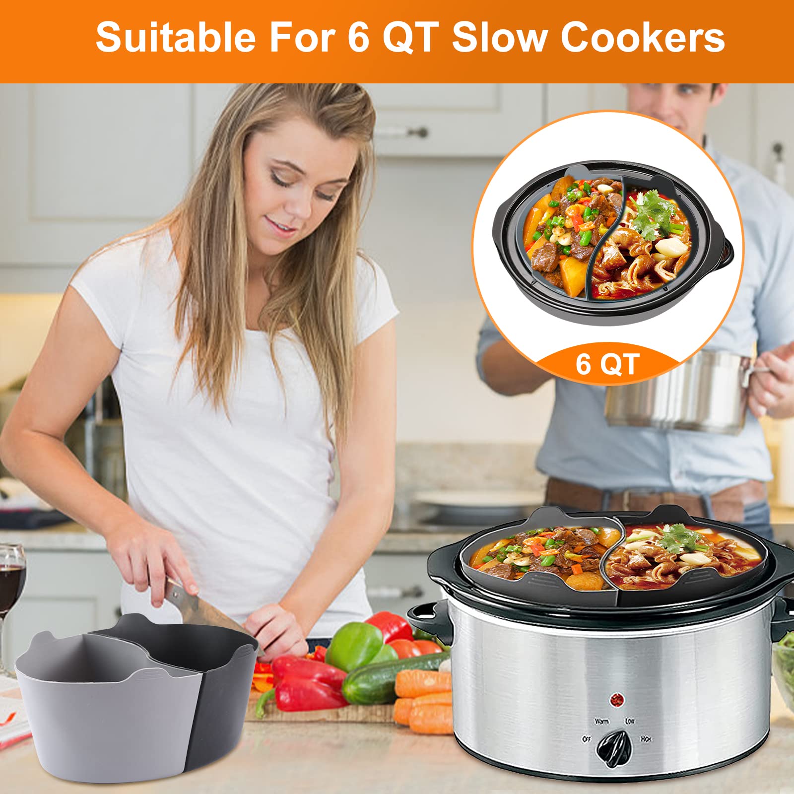 Silicone Slow Cooker Liners Fit 6 QT, Silicone Slow Cooker Divider Liner, Reusable/BPA Free/Leakproof/Slow Cooker Accessories Cooking Liner Dishwasher Safe Cooking Liner for 6 Quart Pot (Grey+Black)