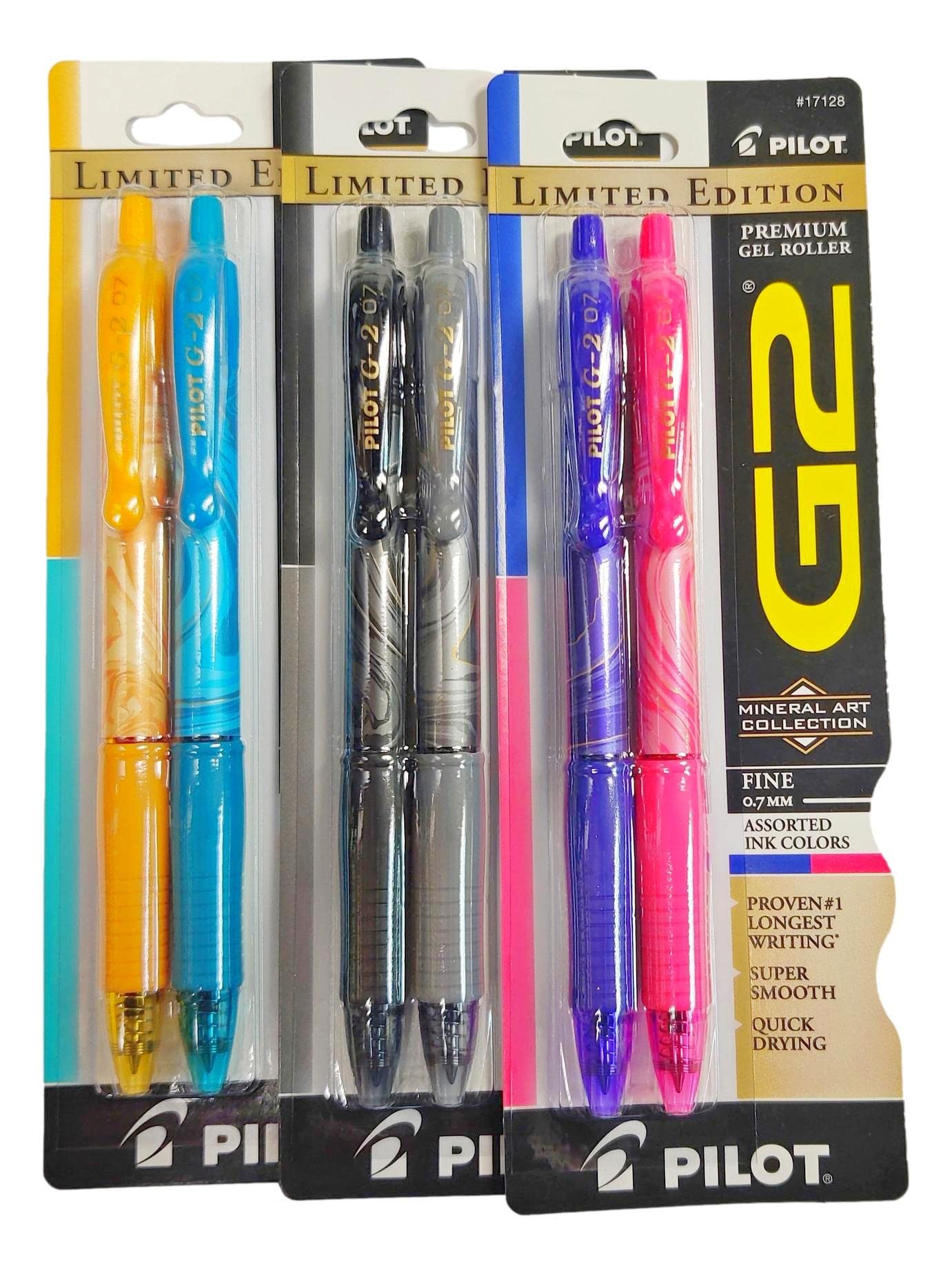 PILOT (3) G2 Mineral Art Limited Edition Gel Pens, Retractable, Rubber Grip, Fine Pt, 0.7mm, Assorted Colors 2-Packs