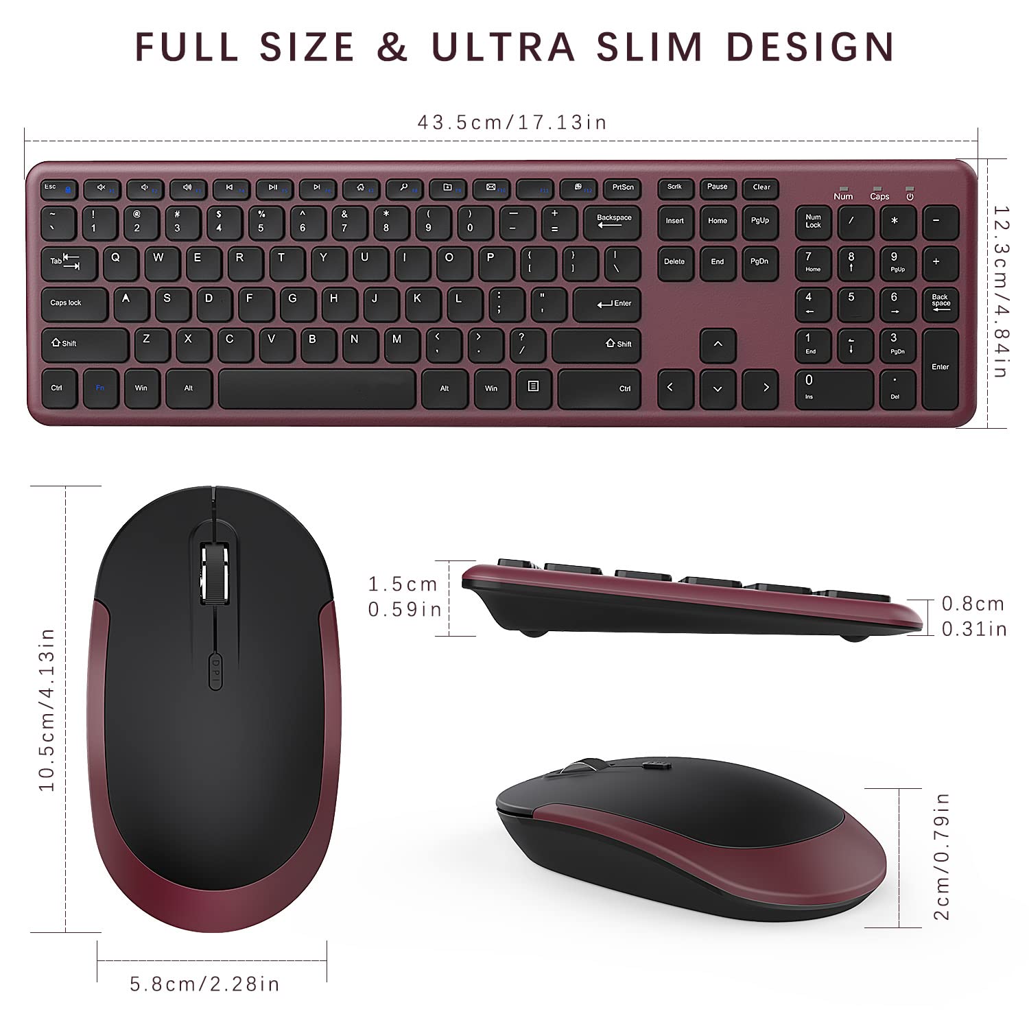 Wireless Keyboard Mouse Combo, Full-Sized 2.4GHz Ultra Thin Silent Cordless Keyboard Mouse Sets (Red)