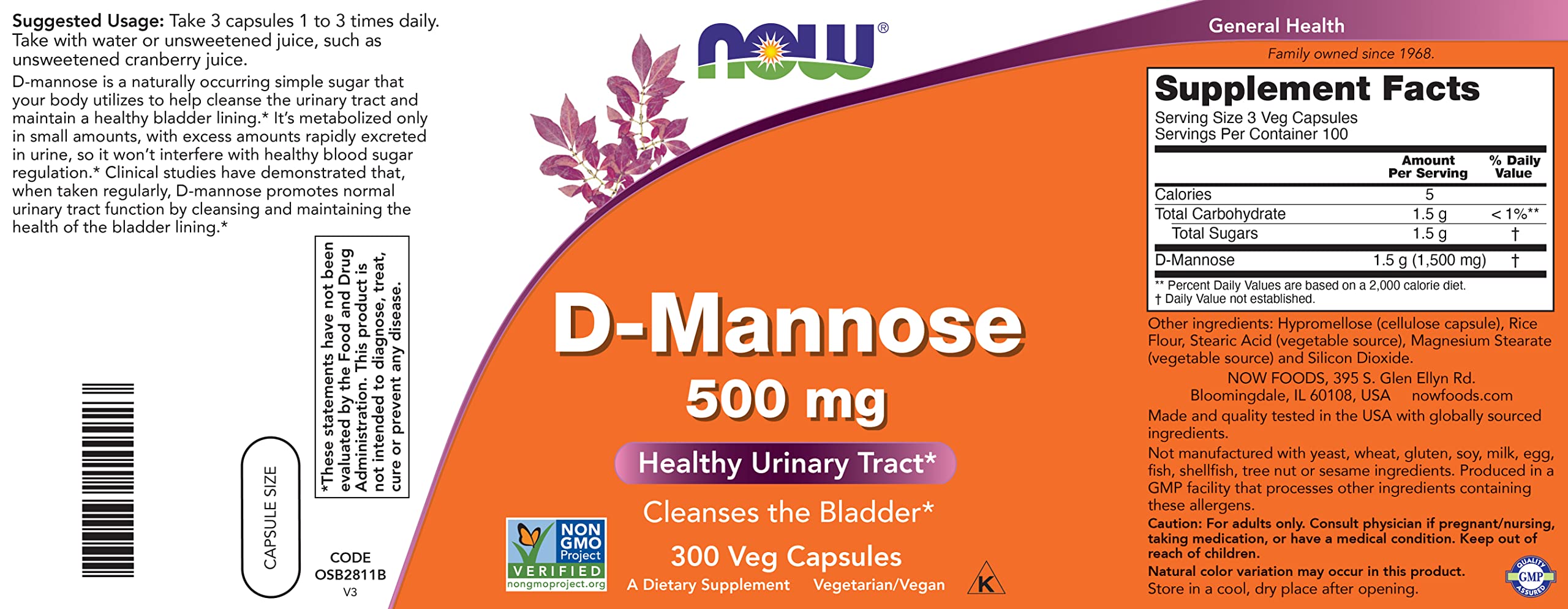 Now D-Mannose 500 mg, 300 Capsules - Vegan, Non GMO Supplement for Women and Men - Supports Healthy Urinary Tract, Cleanses The Bladder