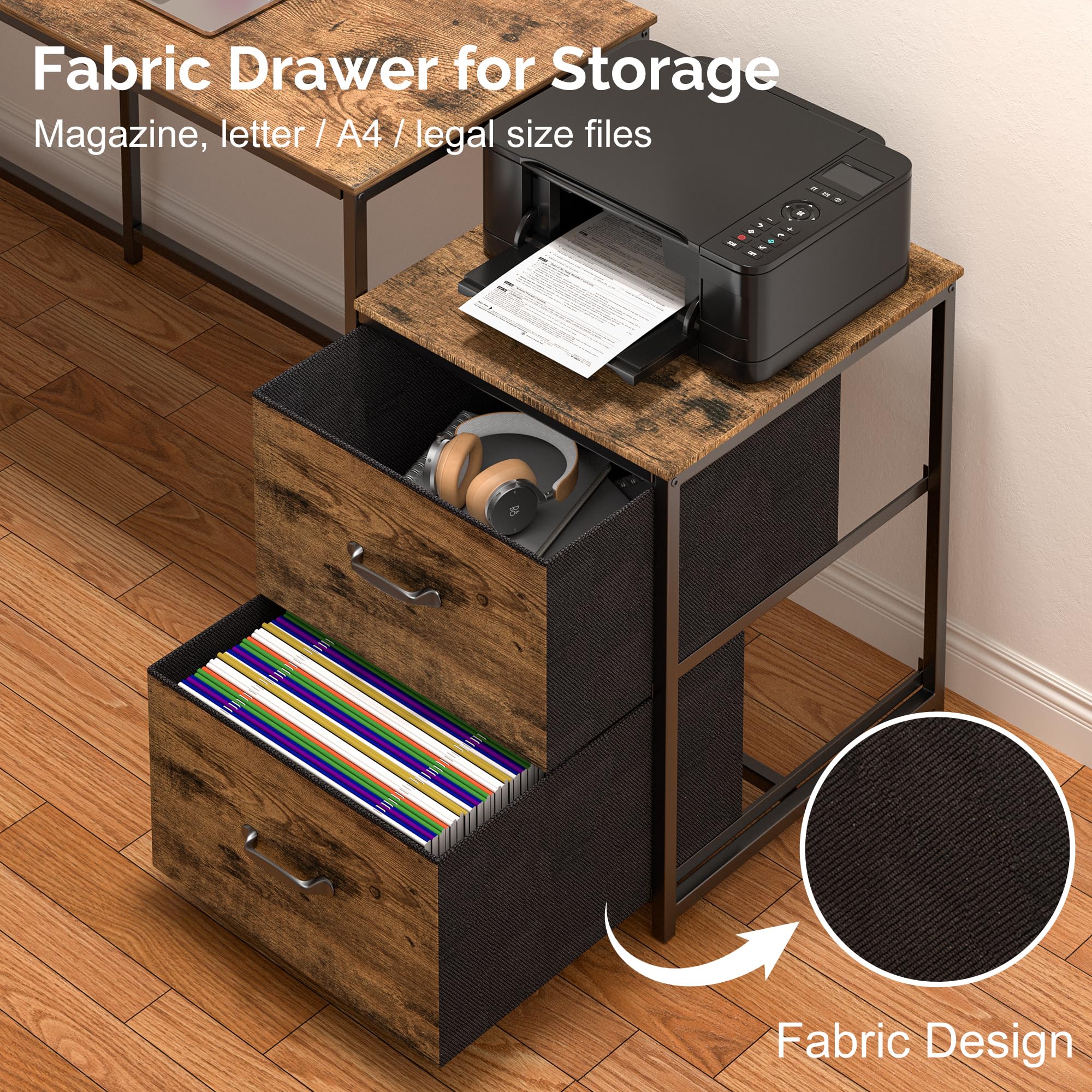 L Shaped Desk with File Drawers & Storage Shelves, 67" Gaming Desk with Power Outlets & LED Lights - Reversible Corner Computer Desk for Home Office with Monitor Shelf, Printer Shelf, Rustic Brown