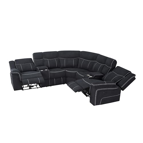 Modern Power Motion Sectional Reclining Sofa Set,Symmetrical L-Shaped Recliner Sofá Upholstered 5-Seat Corner Couch with 2 Center Consoles and 4 Cup Holders for Living Room/Villa/Theater Seating