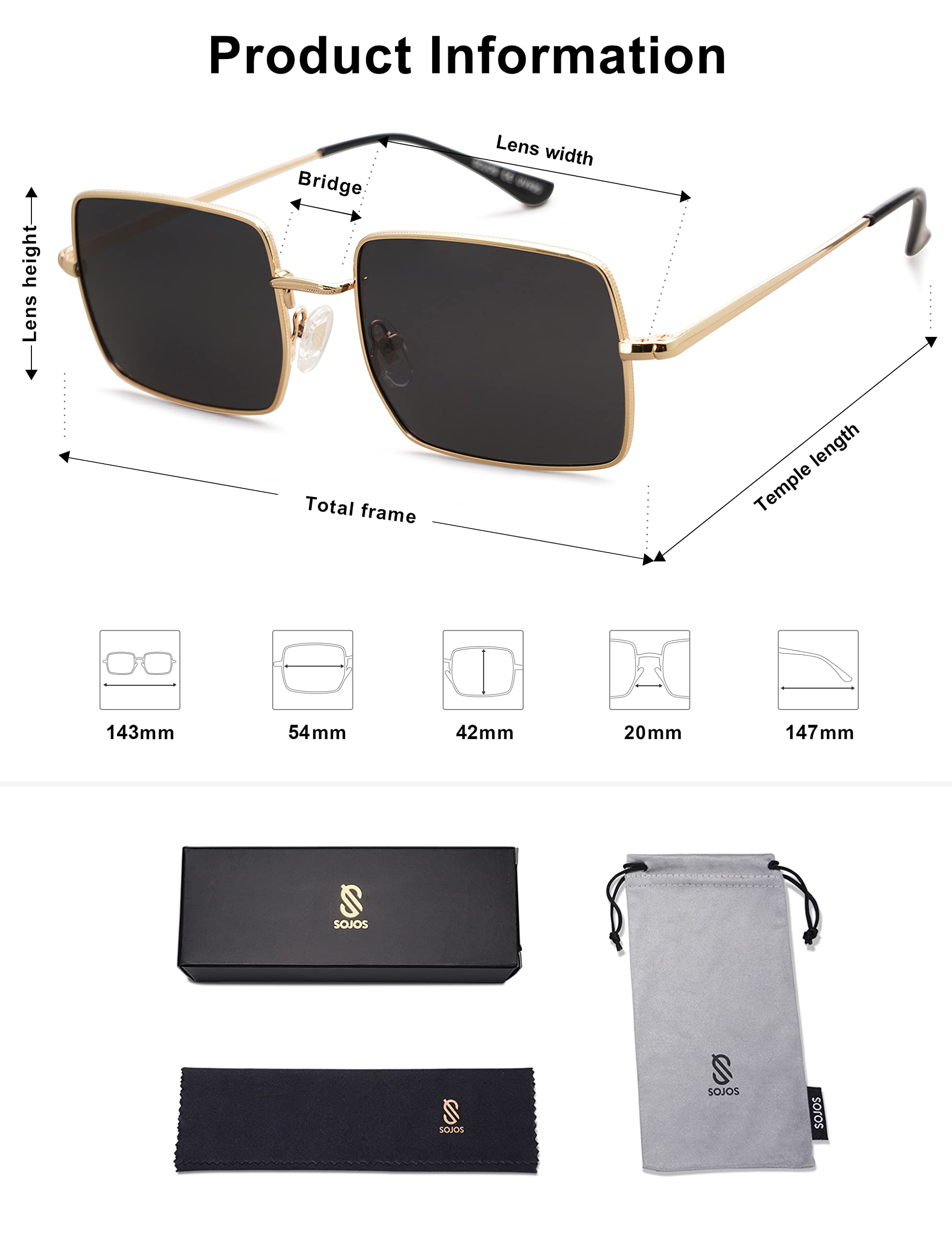 SOJOS Rectangle Polygon Polarized Sunglasses for Women Men Retro Classic Vintage Shades SJ1168 Black Lens