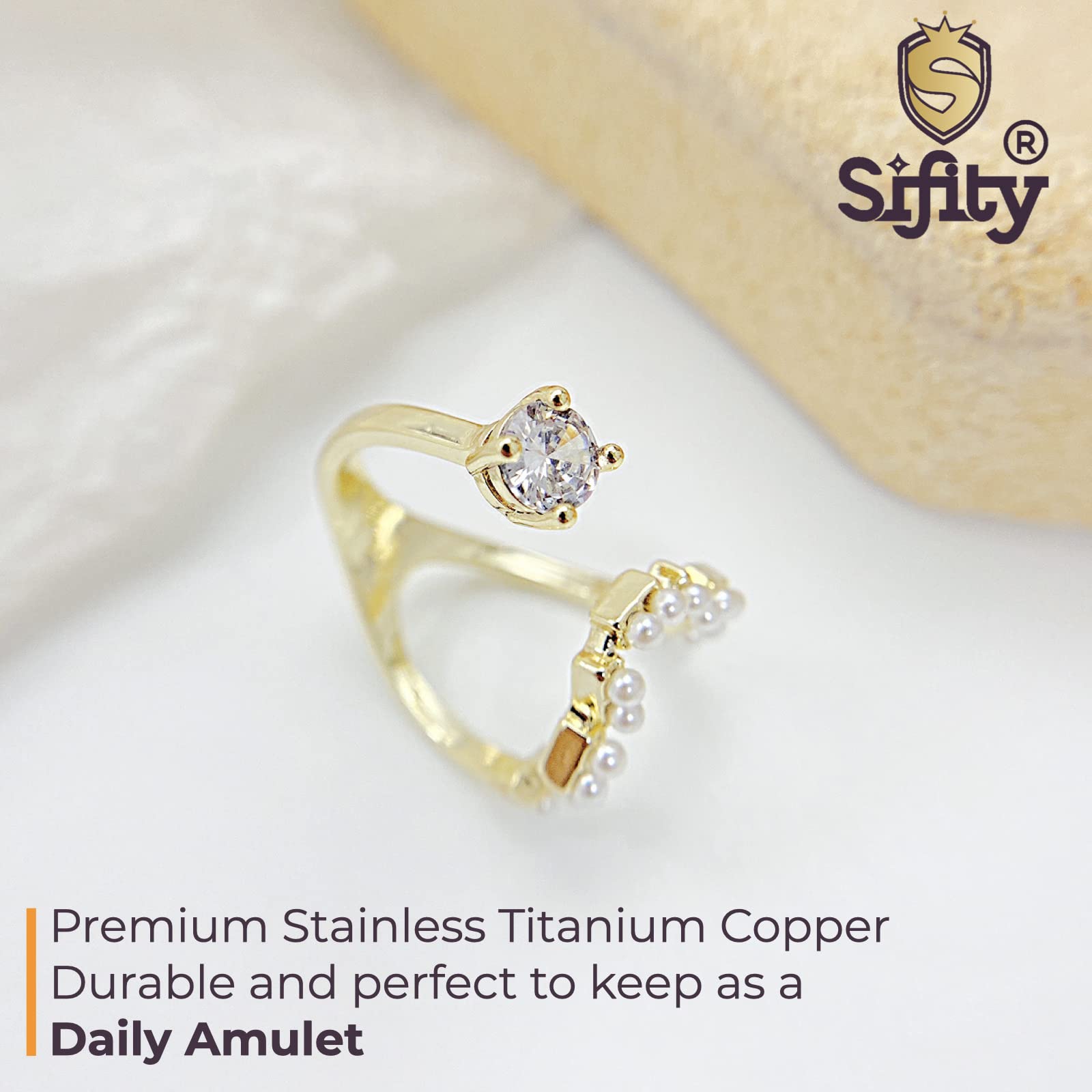 Sifity Open Link Pearl Simulated Diamond Ring for Women 18K Gold Plated 2023 Fashion Trendy Rings Stackable | Anillos Para Mujer (Blue Gift Box with LED Light)