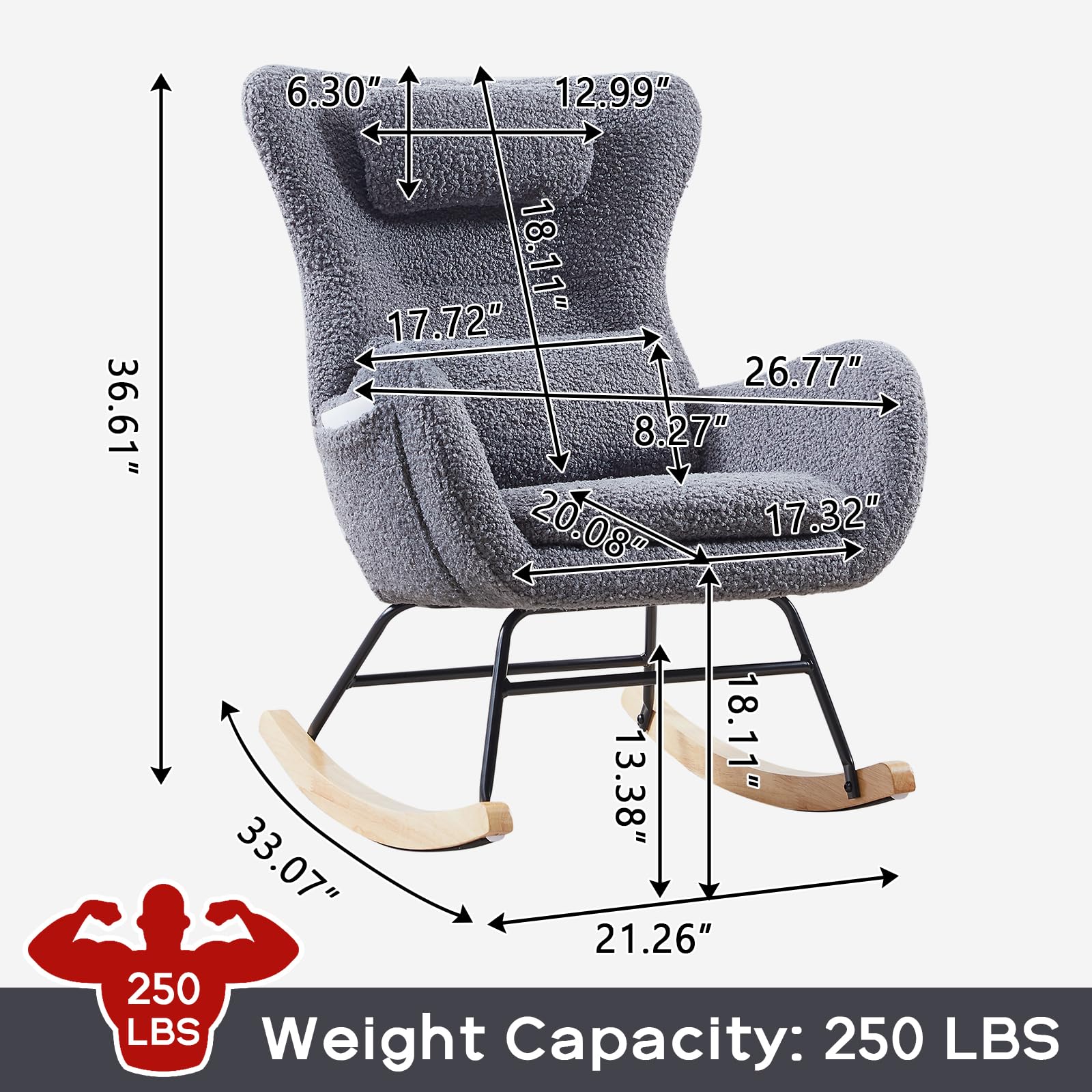 NIOIIKIT Nursery Rocking Chair, Teddy Upholstered Glider Rocker with Headrest and Lumbar Pillow, High Backrest Rocking Accent Chair with Side Pocket, Comfy Armchair for Living Room (Grey)