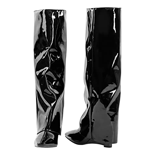 PINOKISS Black Size 11 Women's Knee High Square Toe Faux Patent Leather Pull On Wedge Heeled Boots