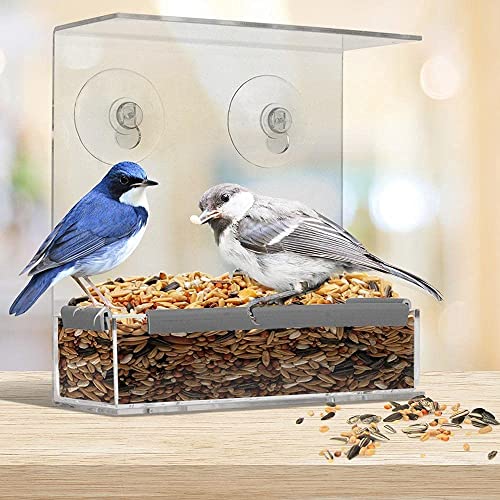 Window Bird Feeder 2 Pack, Bird House for Outside, Window Bird Feeder with Strong Suction Cups and Removable Seed Tray with Drain Holes. Outdoors Birdfeeder for Wild Birds, Cardinal, Bluebird