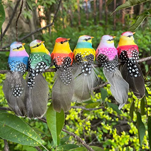 LWINGFLYER 6pcs 4.3" Artificial Simulation Foam Birds Clip on Sparrow Spotted Feather Bird Ornaments for Craft Christmas Decoration Home Garden Party Accessories