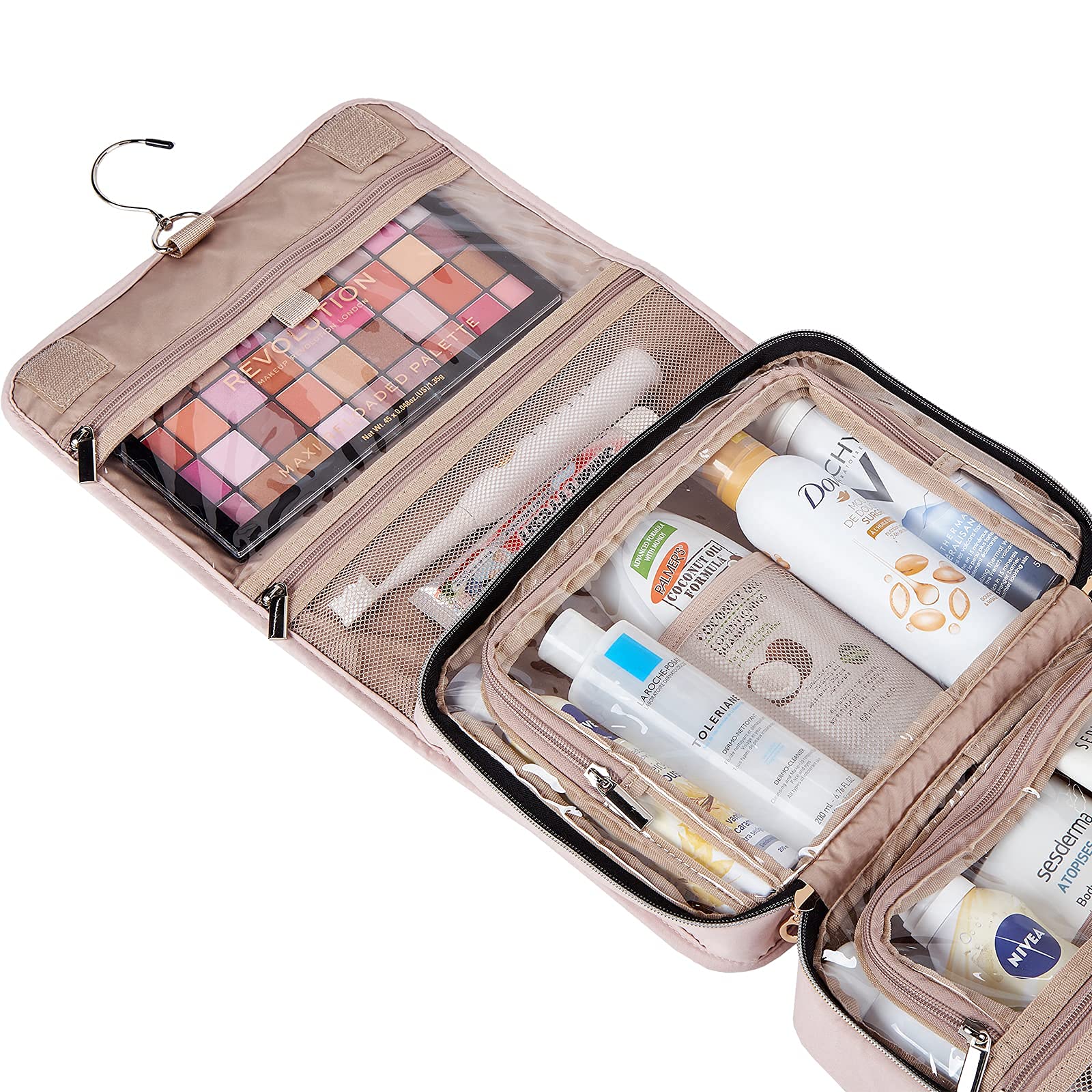 NISHEL Travel Toiletry Bag for women, Large Cosmetic Organizer with Rotatable Hanging Hook, Bathroom and Shower Organizer Kit for Brushes, Shampoo, Container, Makeup, Pink