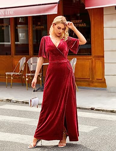 MEROKEETY Women's Velvet Maxi Dress 2024 Boho Wrap Cocktail Party Wedding Guest Formal Dresses, Red, Large