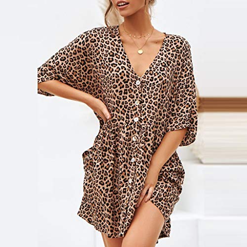 Pinkpaopao Leopard Printed Shirt Dress Button Down Losse Shift Dress Half Sleeve Patchwork Short Dress