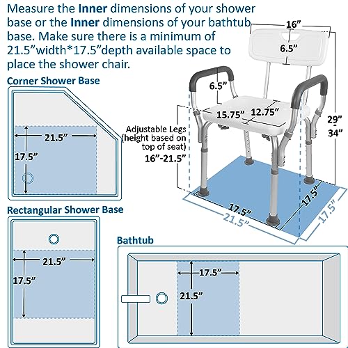 Vaunn Shower Chair Bath Seat with Padded Arms, Removable Back and Adjustable Legs, Bathtub Safety and Support Weight Up to 350 lbs