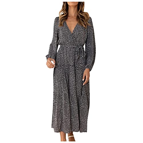 Pinkpaopao Long Swing Dress for Women Pattern Printed Elegant Patchwork Ankle-Length Dress Deep V Neck High Waist Dress