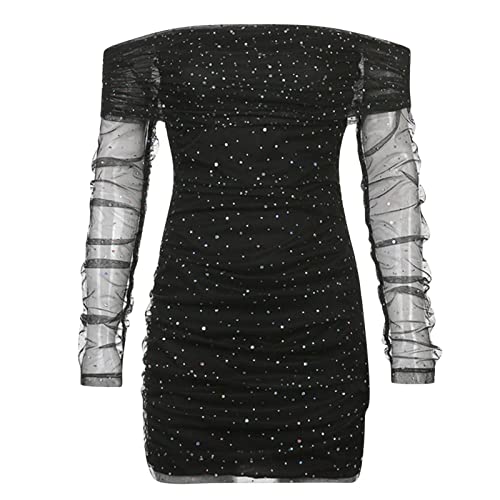 Pinkpaopao Off Shoulder Ruched Mini Dress Glitter Sequins Mesh Long Sleeve Elegant Prom Dress