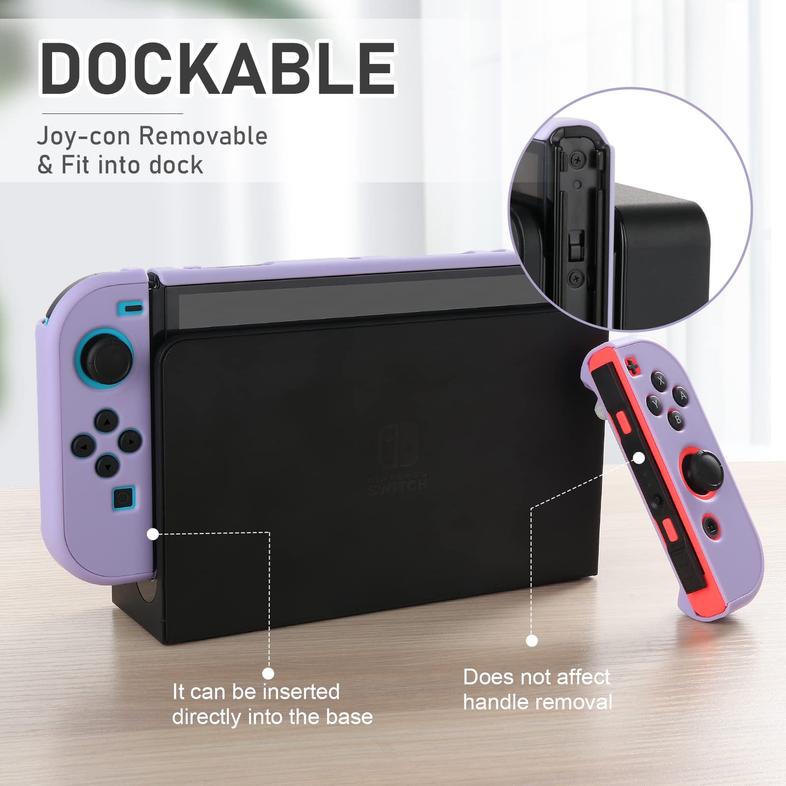 Switch OLED Case Dockable Protective Case for Nintendo Switch OLED Model 2021 Console and Joy-Con Controller Grip Case with 2 Thumb Grip Caps, Purple