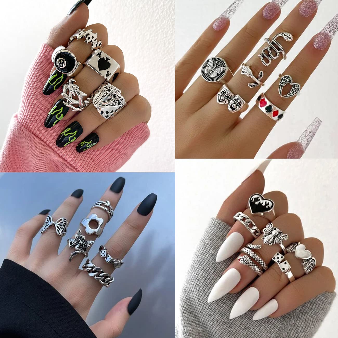 Silver Goth Punk Rings Set for Men Girls Women, Cool Gothic Ring Pack, Vintage Stackable Animal Rings Bulk, Boho Chunky Knuckle Emo Rings, Open Snake Butterfly Ace Eboy Y2K Accessories (31 pcs)
