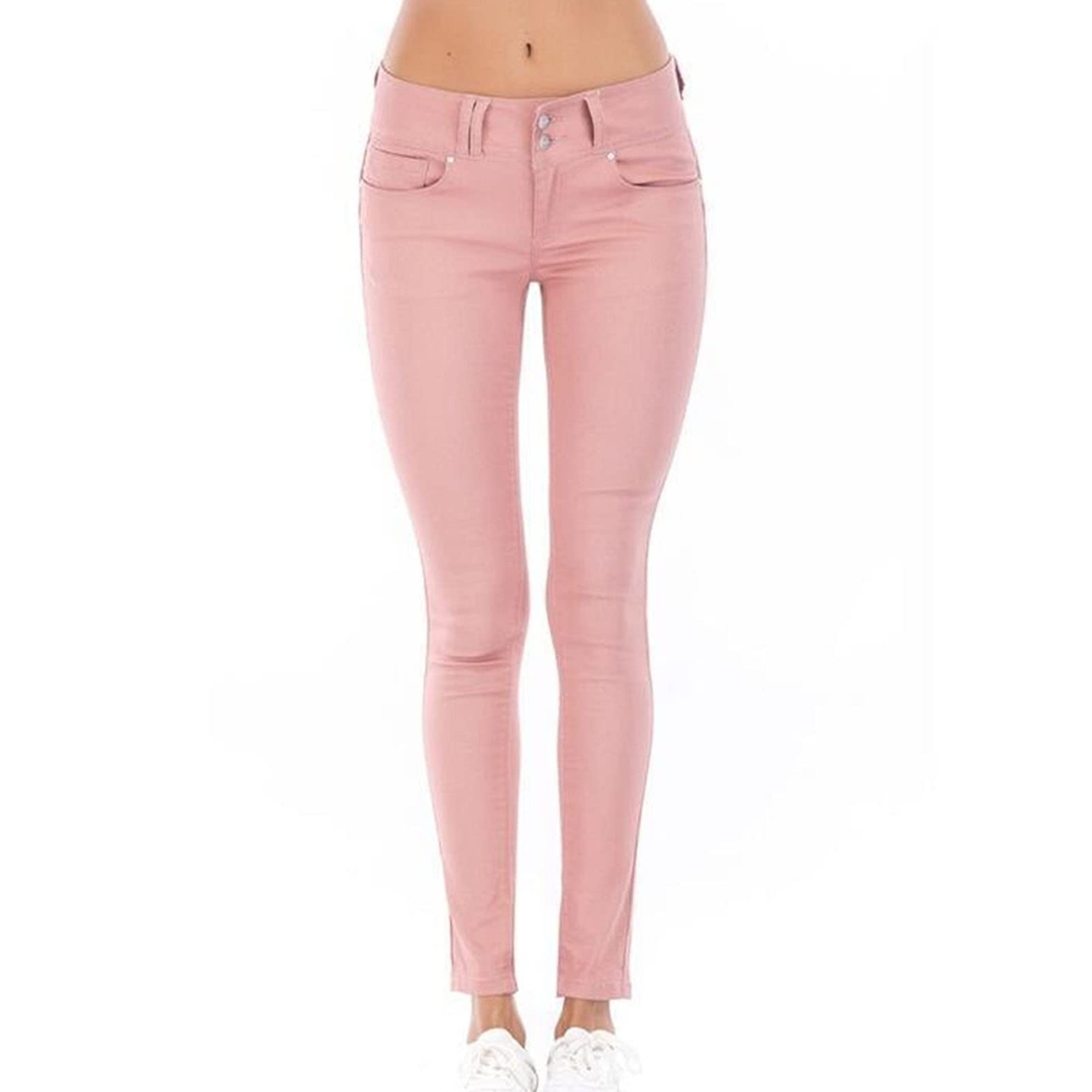 Women's Mid Rise Skinny Pencil Jeans Casual Slim Fit Butt Lift Denim Pants 2 Button Washed Stretch Jean Trousers (Pink,Large)