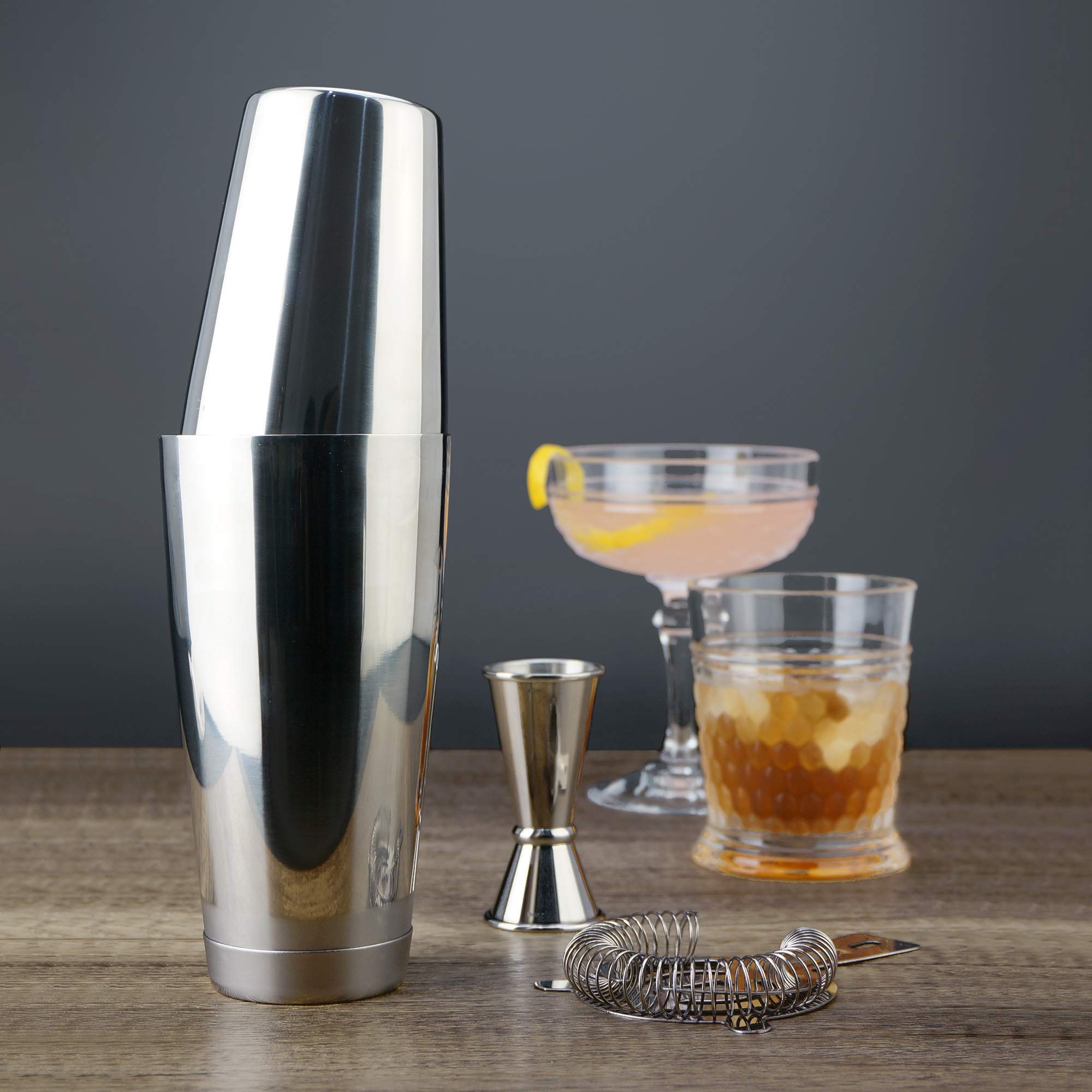PG Boston Cocktail Kit - 4PC Premium Stainless Steel Shaker Set - 30oz Gloss Finish β2-Piece Shaker with Cocktail Strainer and Double Jigger