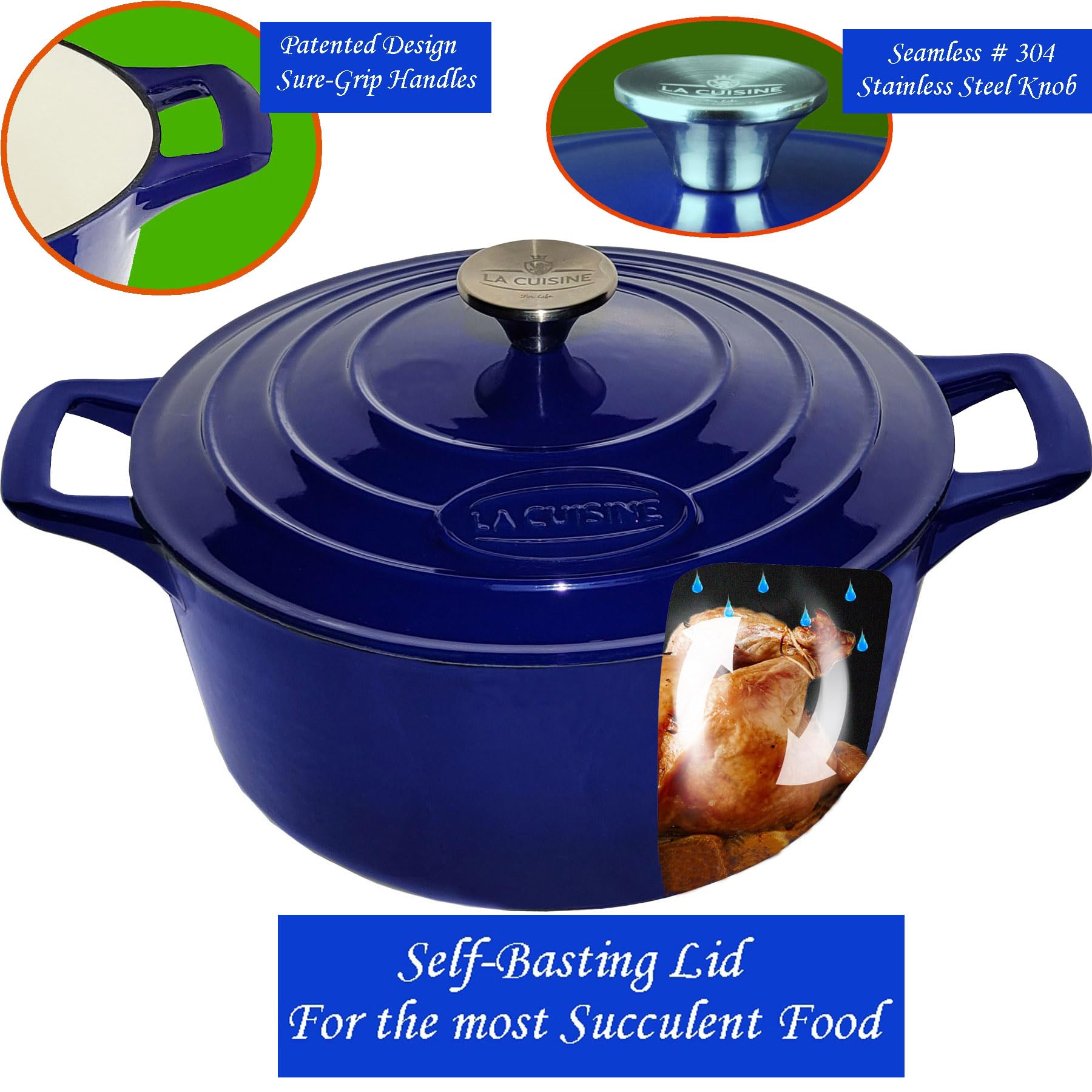 La Cuisine Enameled Cast Iron Dutch Oven Casserole Dish Pot with Lid, 5 QT 10.3โ Dia. Cream White Enamel Interior 2-tone Sapphire Enamel Coating Exterior Oven-Safe