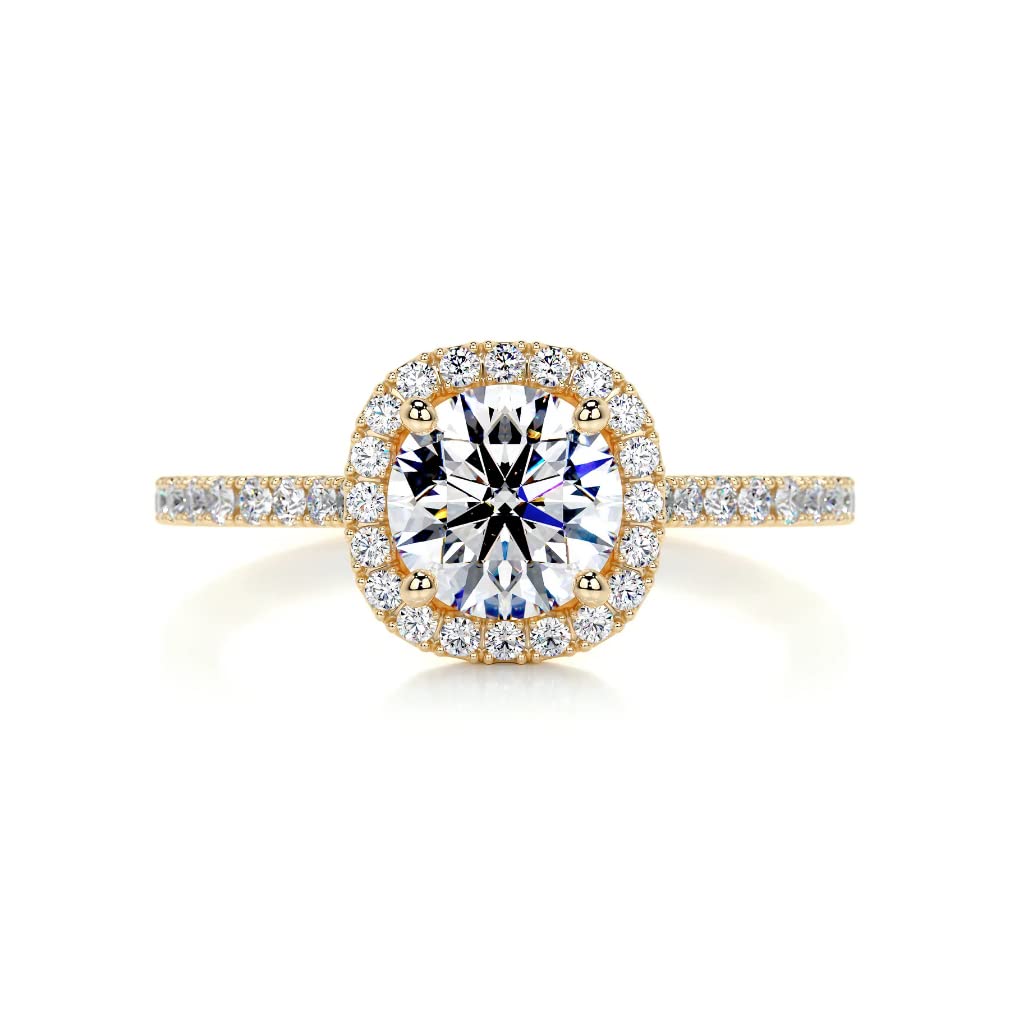 Solid Gold Handmade Engagement Rings 2 CT Round Cut Moissanite Diamond Halo Bridal Wedding Rings for Anniversary Propose Gifts (18K Solid Yellow Gold)