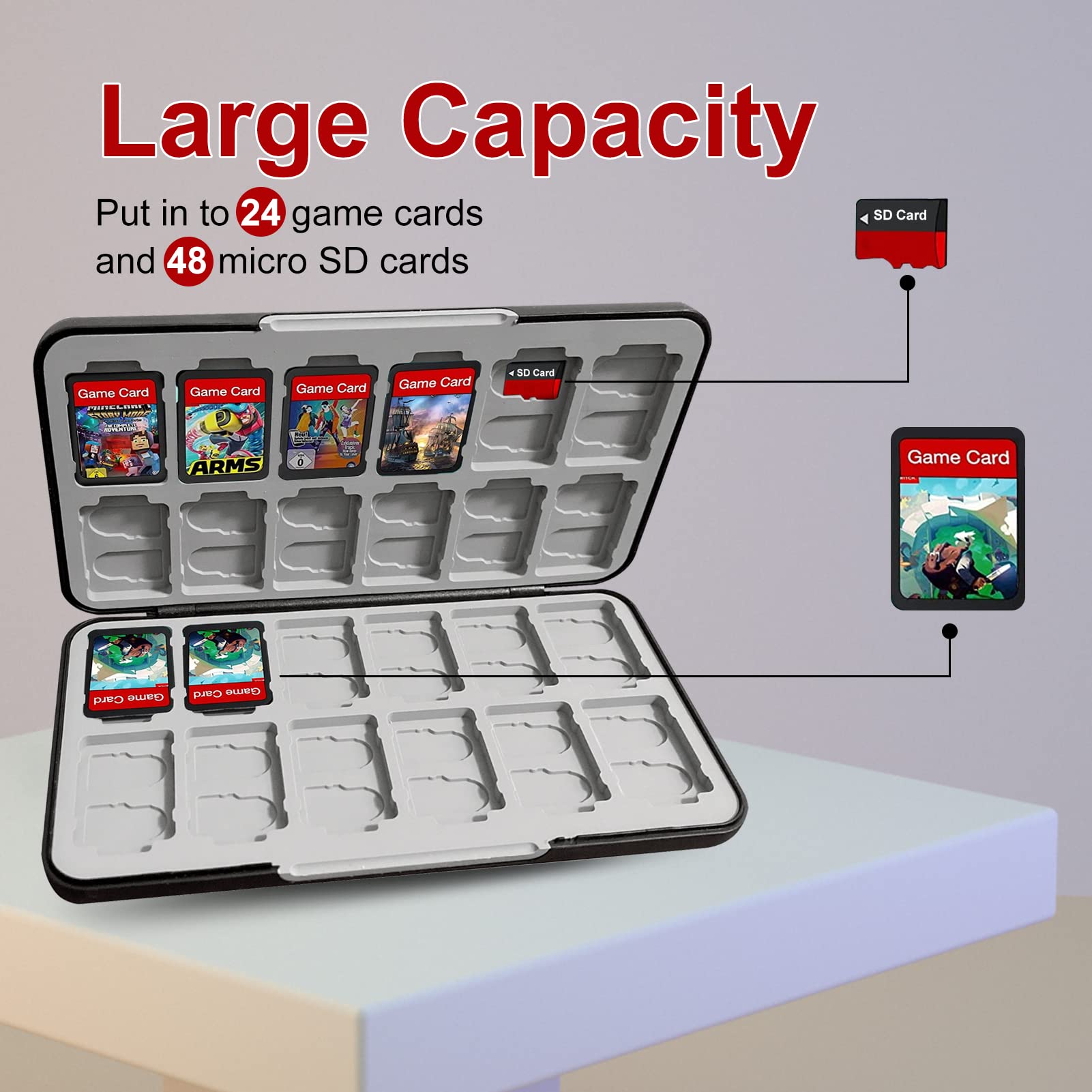 WNJACO Switch Game Card Case Nintendo Switch Game & Micro SD Card, Customized Pattern Switch Lite Game Card Storage Box with 16 Game Card Slots and 16 Micro SD Card Slots with Magnetic Closure (Black)