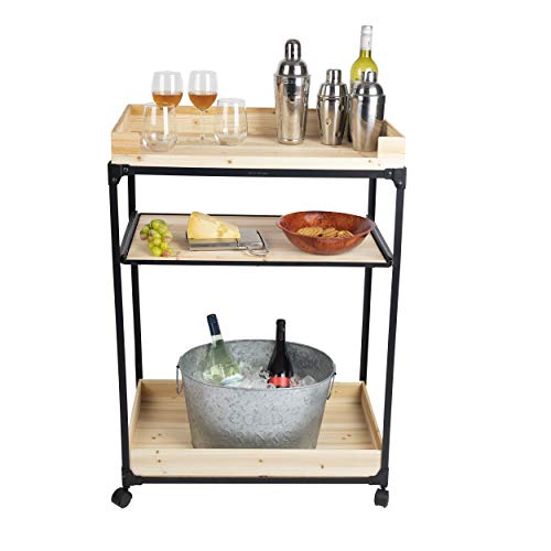 Mind Reader 3-Tier Rolling Beverage Utility Pull-Out Shelf, Kitchen Bar Serving Cart, Steel, Wood, Black