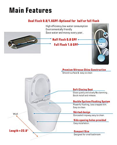 WinZo Compact One Piece Toilet 22.8" Depth Modern Short Design Dual Flush for Small Tiny Mini Bathroom 12" Rough-in,White (WZ5079)