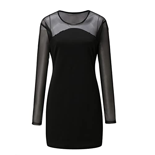 Pinkpaopao Solid Color Mini Dress for Women Slim Mesh Pull On Splicing Long Sleeve Round Neck Dress