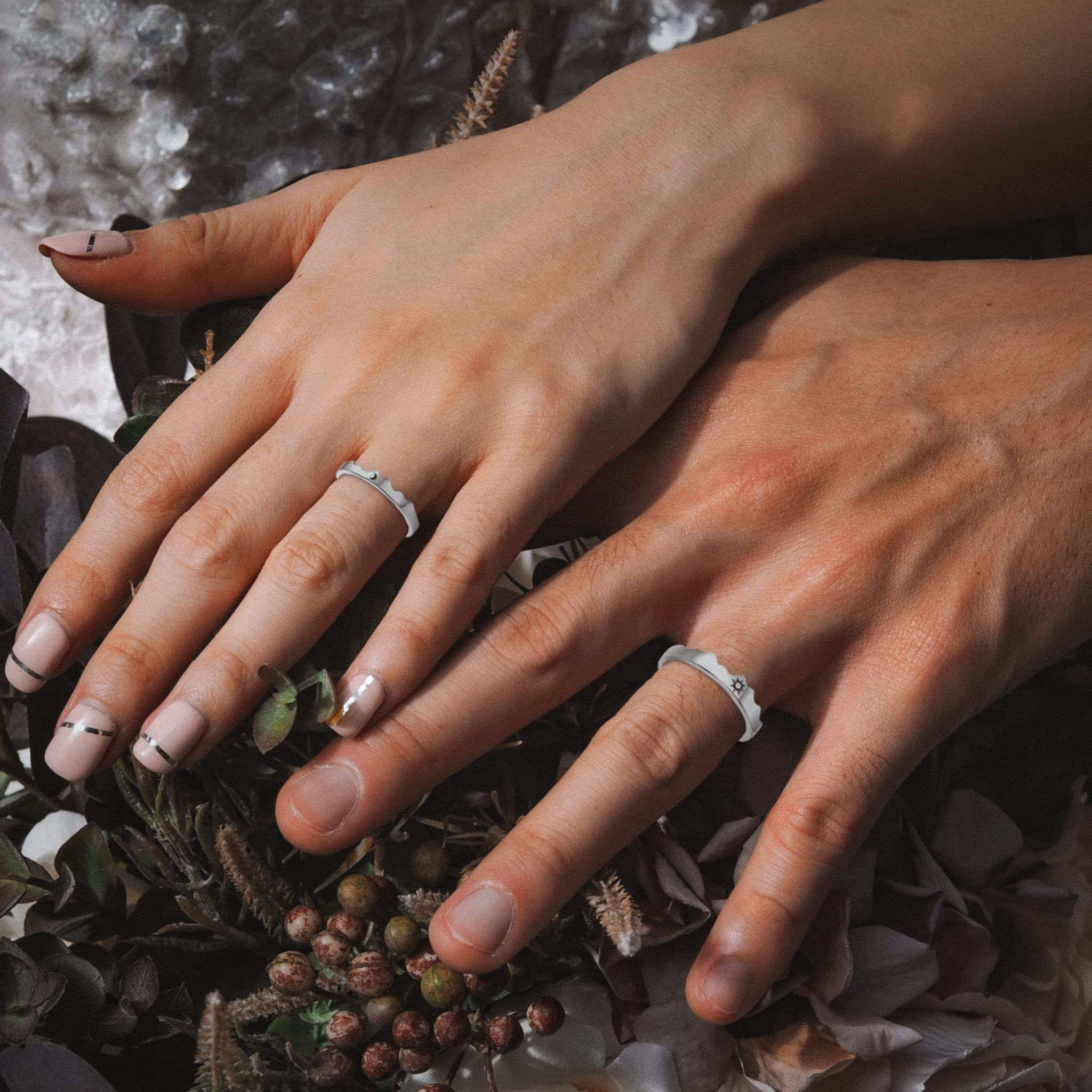 Wizaba Sun and Moon Matching Rings Set in Silver - Adjustable, Symbolic Couple or Friendship Rings