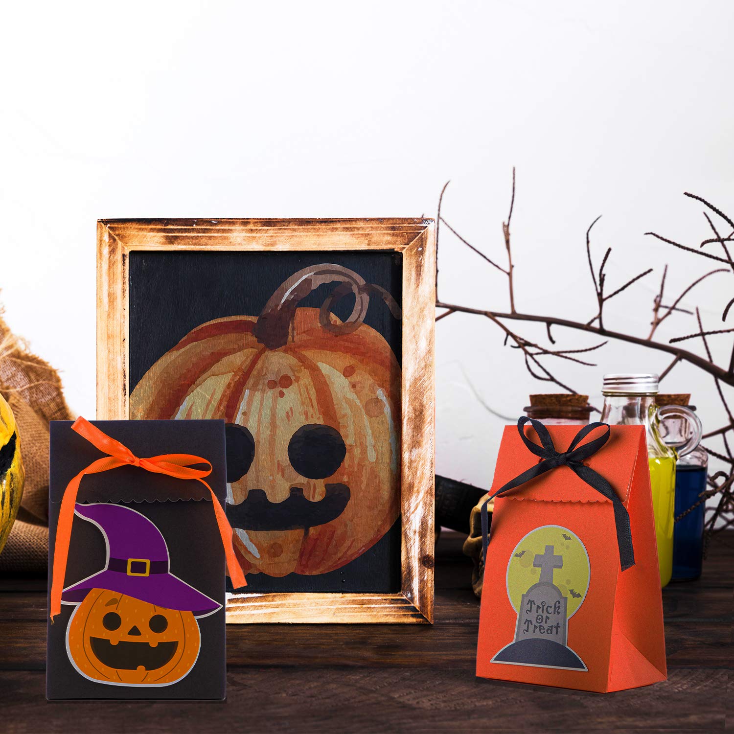 NIMU 12 Pieces Premium Halloween Bags with Special Design Reusable Craft Gift Paper Boxes for Presents Bundle Trick or Treat Theme Gift Wrapping Bags Great Holiday Bulk
