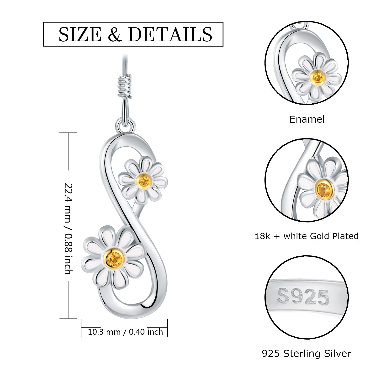 Silver Infinity Daisy Drop Earrings - S925 Sterling Silver Delicate Infinity Sign Daisy Jewelry Dangle Earrings for Women, Christmas Gifts Infinity Symbol White Daisy Flowers Drop Earring for Girls