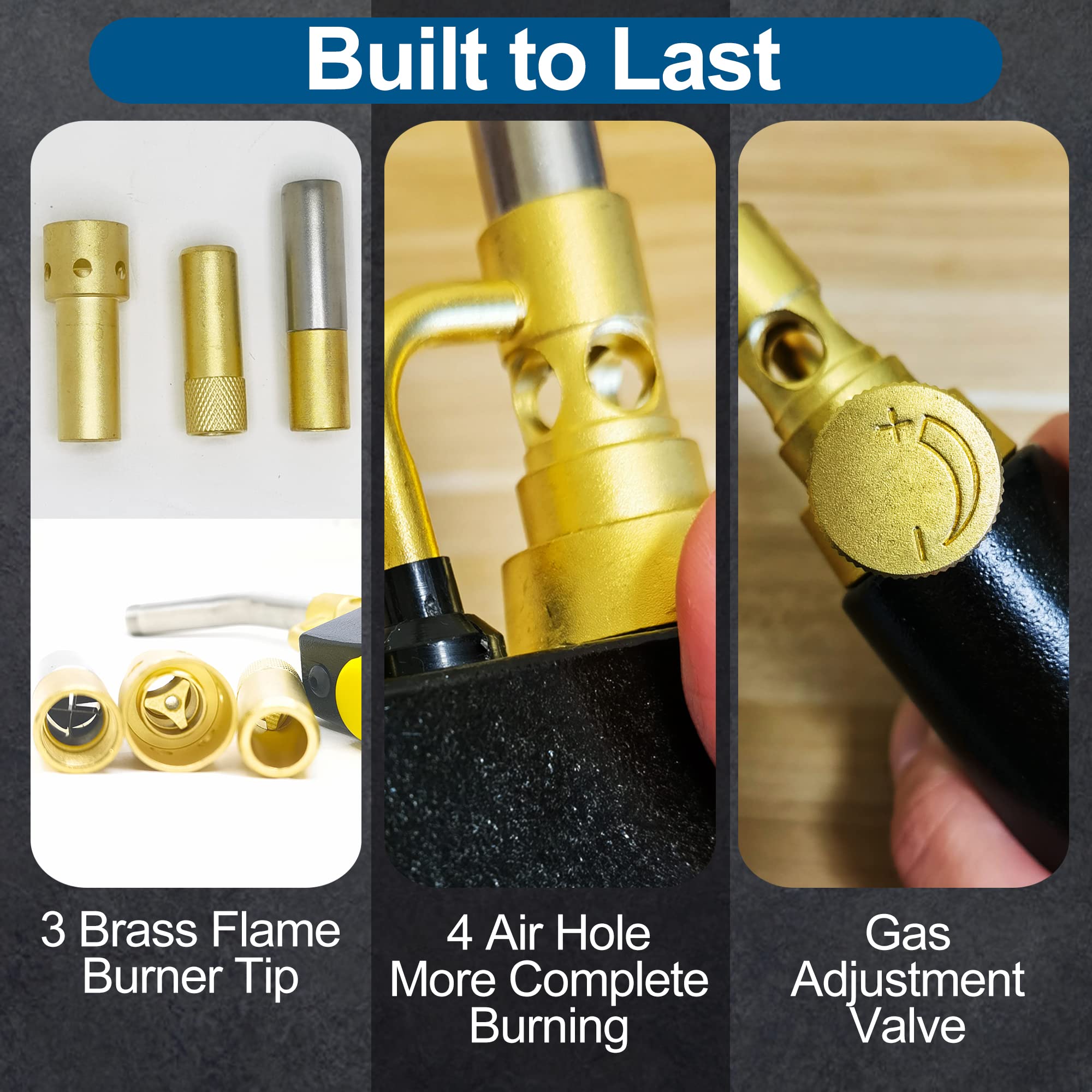 Propane Torch Head with 3 Nozzles Tips - MAPP MAP Gas Trigger Start Welding Torch Head lighter Self Ignition Igniter Adjustable Knob Continuous Flame Lock for Sous Vide Soldering Brazing Wood