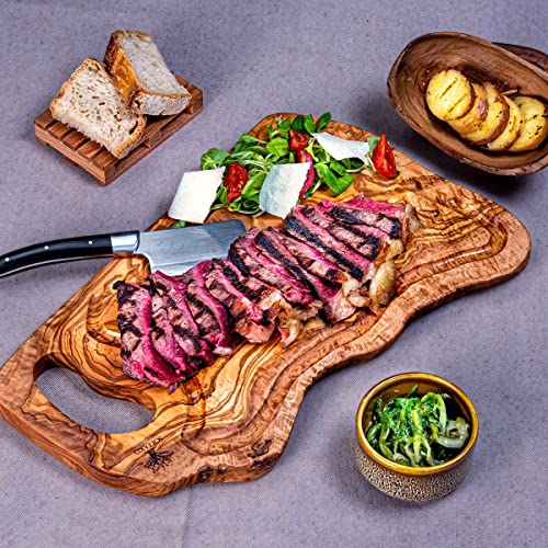 SOLTAKO Olive Wood Cutting Steak Board, Wooden Charcuterie Board, Large Cheese Board, Hand Made Serving Platter, Rustic Chopping Board with Juice Groove, Chopping Board with Handle (17,7")