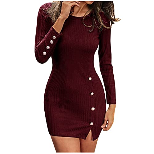 Pinkpaopao Women Sweater Wrap Dress Side Split Button Long Sleeve Round Neck Solid Color Slim Knitted Mini Dress