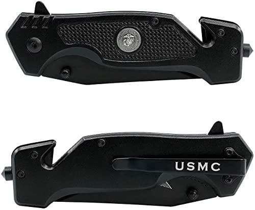 USMC Black Tactical Folding Knife-3.5 Inch Blade Marine Rescue & Hunting Knife-Two-Sided Engravings - USMC Gift-Disabled USMC Vet Owned SMALL Business