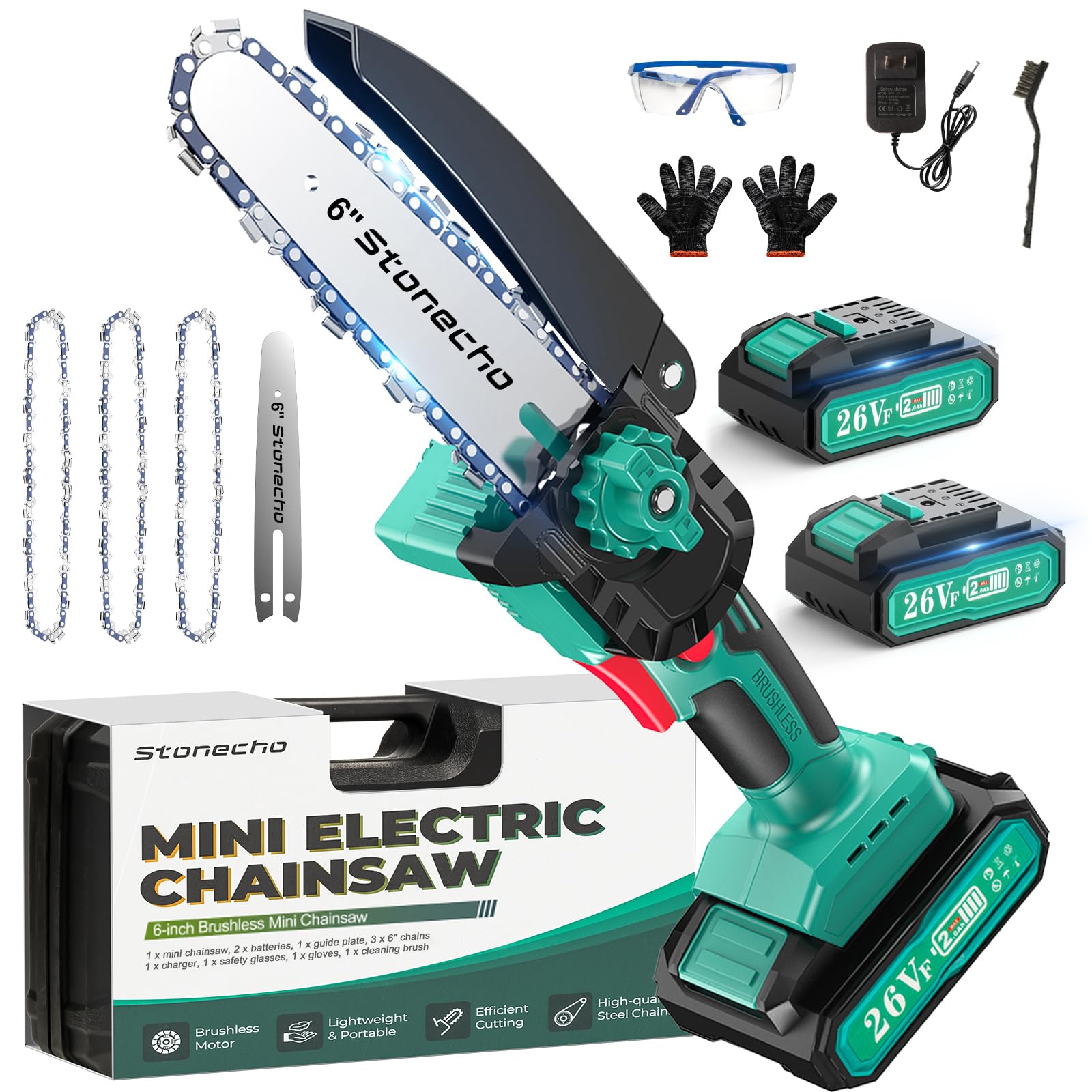 Mini Chainsaw Cordless 6 inch, Upgraded Brushless Mini Chainsaw, 2*2000mAh Battery 3 Chains Mini Electric Chainsaw, One-Handed Portable Handheld Chainsaw for Garden Courtyard Tree Branch Wood Cutting