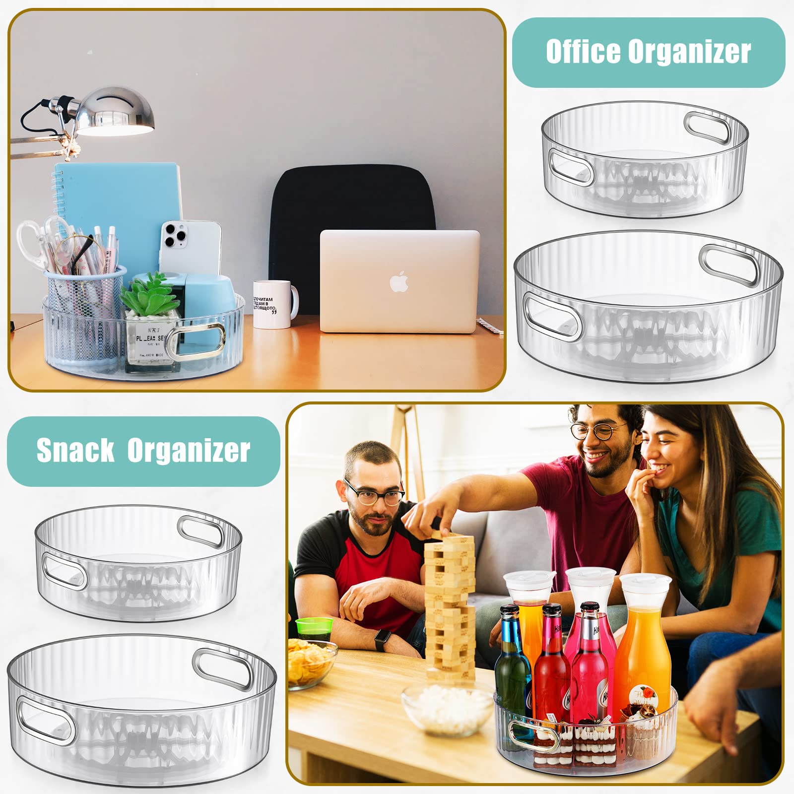 Norme 4 Pack Lazy Susan Organizer 8.7 Inch, 11 Inch Turntable Plastic Spinner Organizer Pantry with Handles Spice Rack Rotating Condiment for Cabinet Kitchen Refrigerator Jewelry Storage (White)