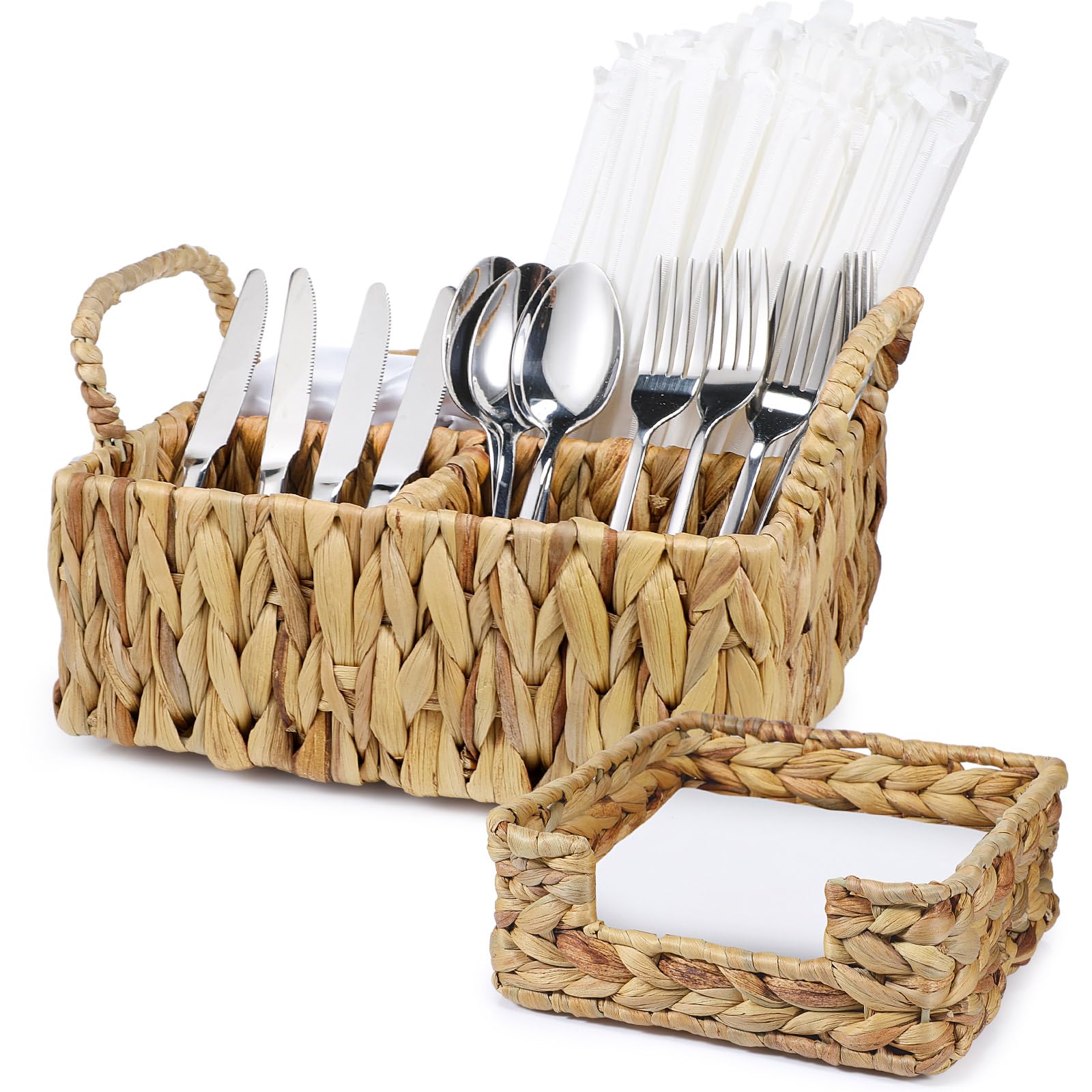 Norme Wicker Flatware Organizer and Wicker Napkin Holder Woven Utensils Holder Caddy Cutlery Silverware Holder for Kitchen Table Storage Hyacinth Baskets Rattan Napkin Holders with Handle
