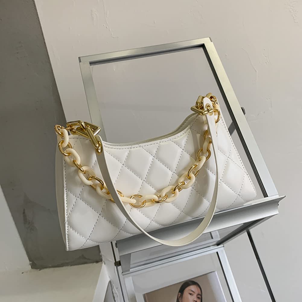 Women Chain Handbags Solid Lattice Pattern Travel Simple Shoulder Underarm Bag, White, 21 x 18 x 5cm