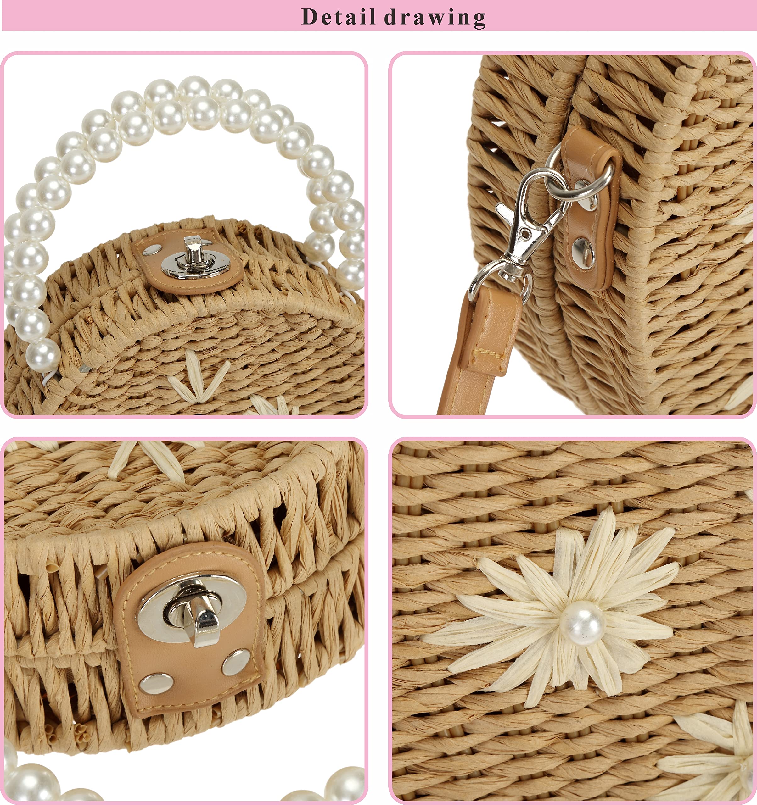 TaiGuri Women's Handmade Straw Artificial Pearl Handle Flower Woven Purse Handbag Tote Bag Khaki
