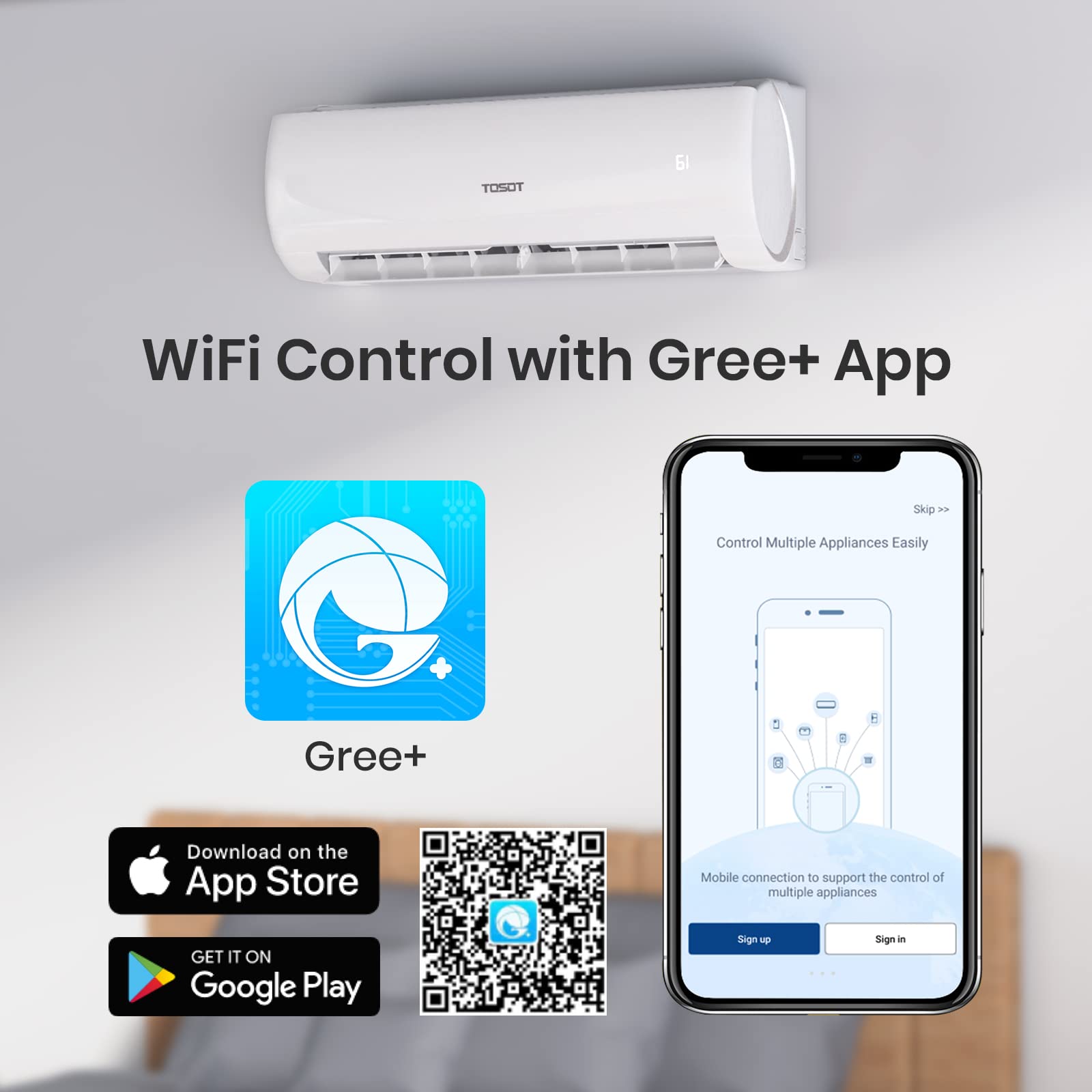 TOSOT 12,000 BTU Mini-Split Air Conditioner, Wifi Enabled Ductless Inverter AC Unit Heating System, Compatible with Alexa-20 SEER2 115V, White