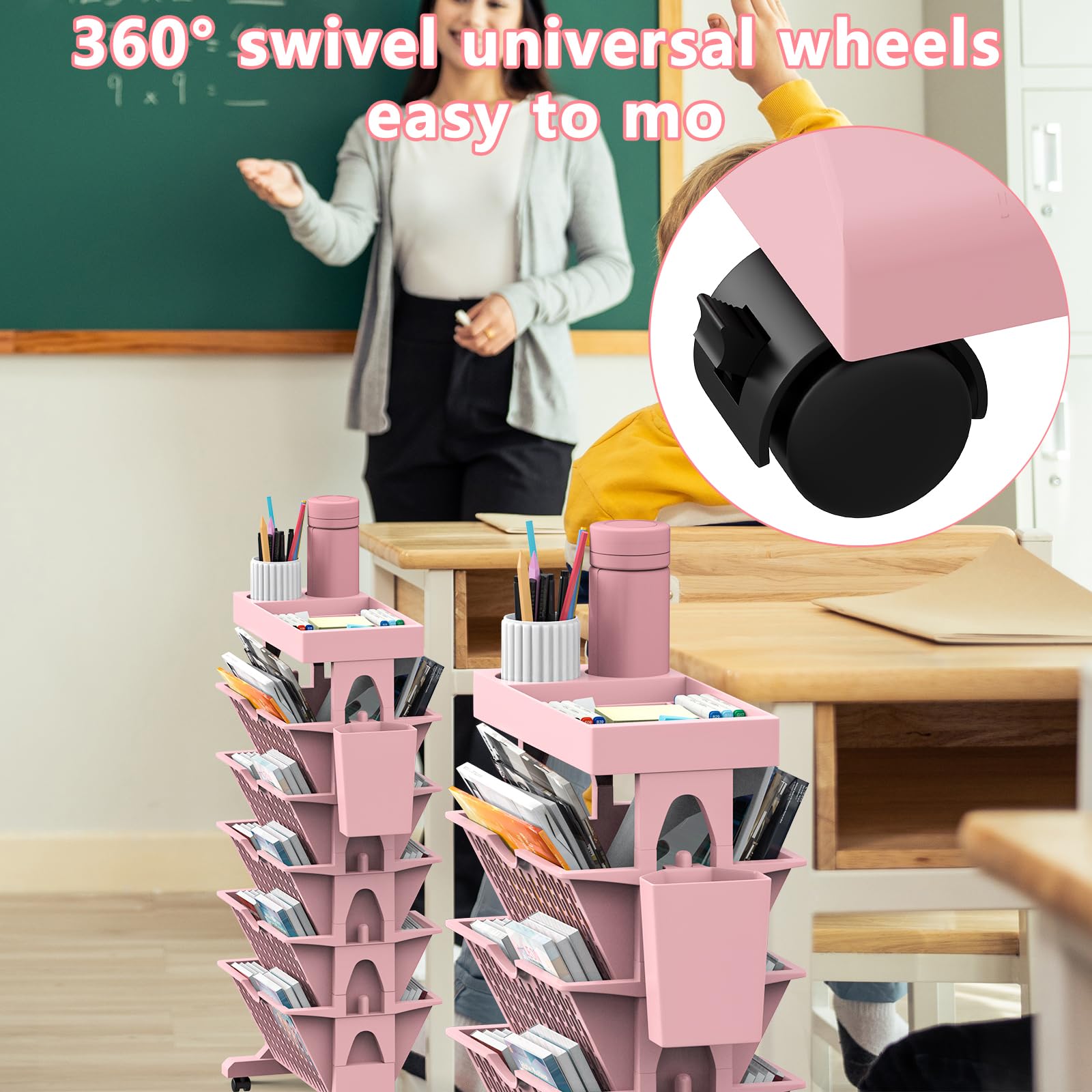NIRIAHO 6 Tier Mobile Bookshelf, Rolling Cart Multi-Functional Movable Storage Book Shelves, Utility Cart Office Organizer Pink Bookshelves with Lockable Casters for Office, Dorm, Classroom