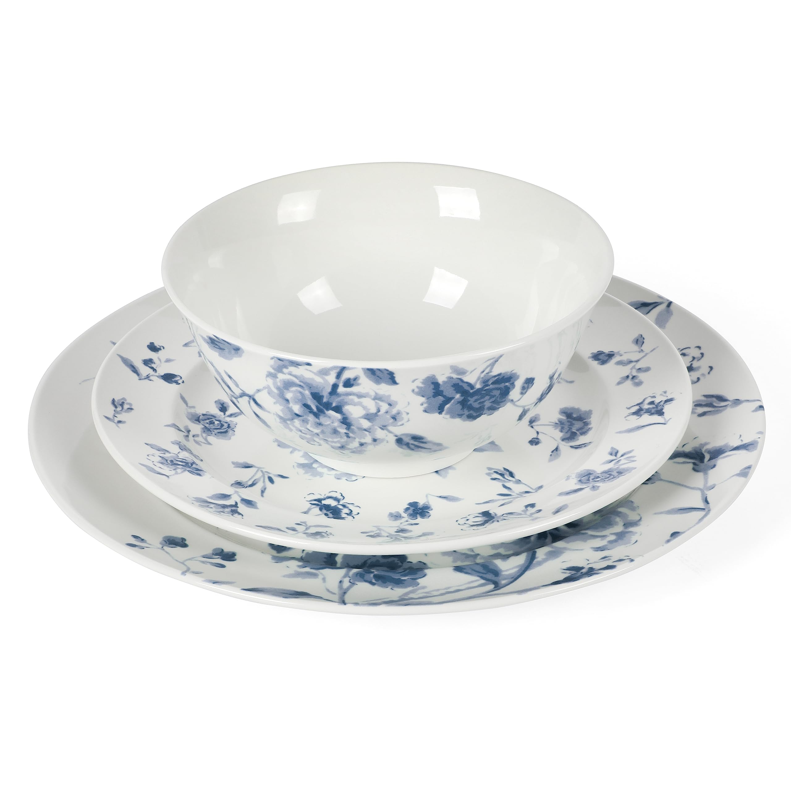 Martha Stewart Empress Bouquet Decorated Porcelain Dinnerware Plates and Bowls Set - Blue Floral, Service for 4 (12pcs)