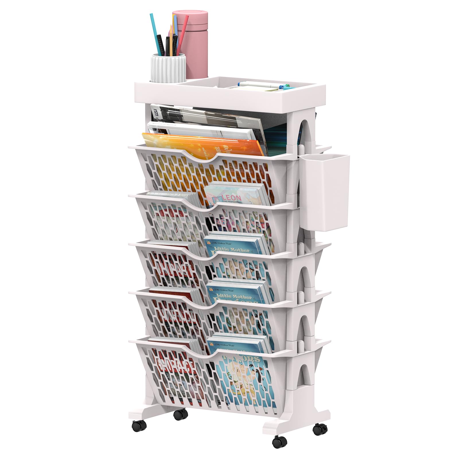 NIRIAHO 6 Tier Mobile Bookshelf, Rolling Cart Multi-Functional Movable Storage Book Shelves, Utility Cart Office Organizer White Bookshelves with Lockable Casters for Office, Dorm, Classroom