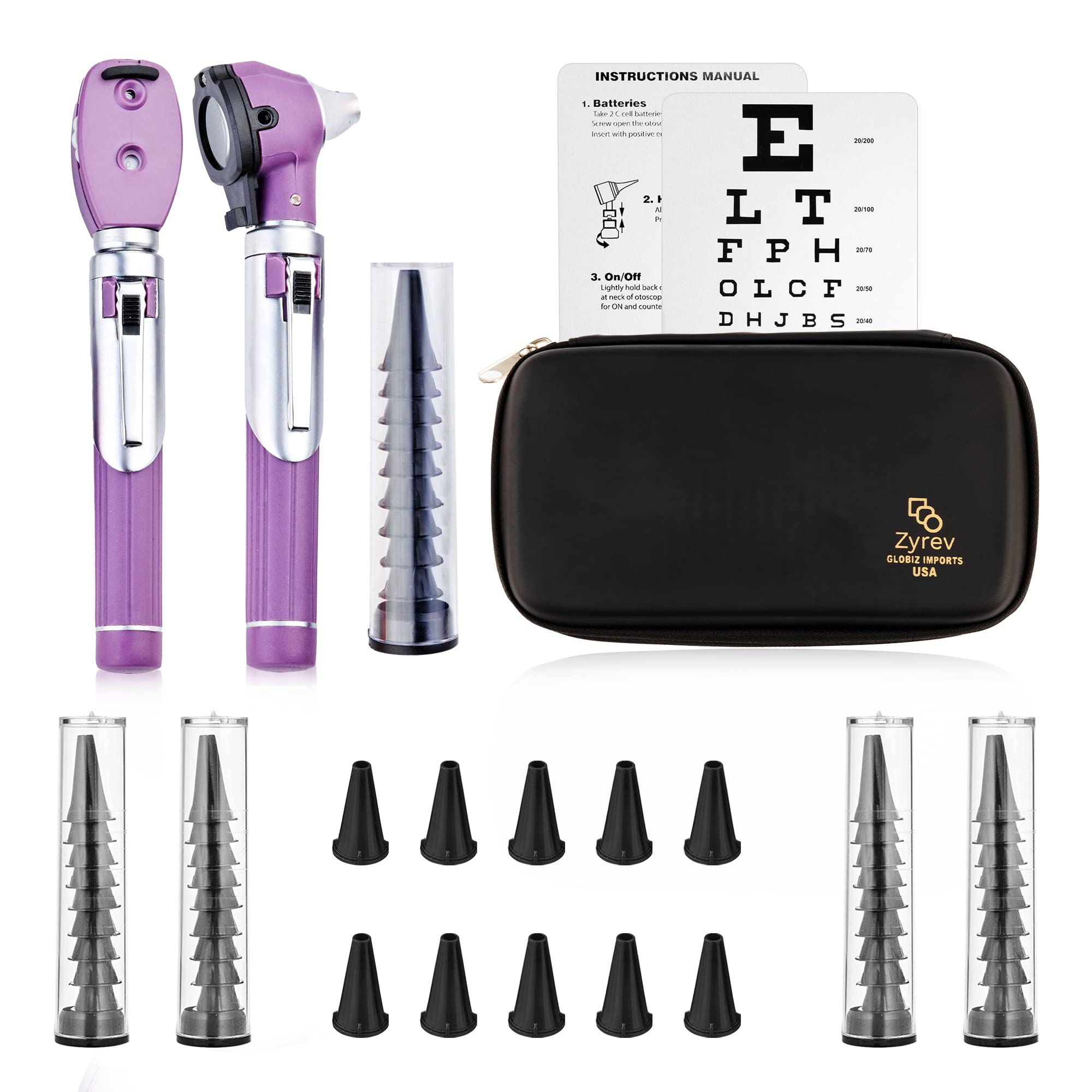 Zyrev ZetaLife Duplex Otoscope Set with 50 Extra Disposable Tips, Purple