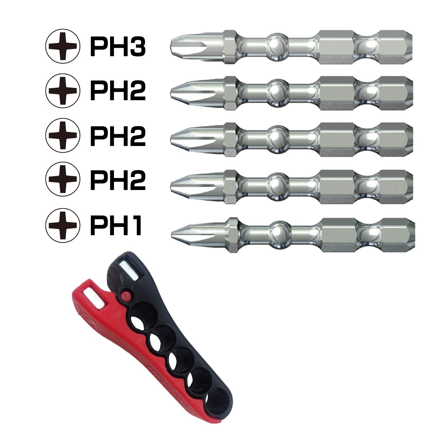 VESSEL Impact Ball Torsion Bits Assort X50 5PC with MAG Charge Holder (PH1/PH2/PH2/PH2/PH3) (IBMG50K001)