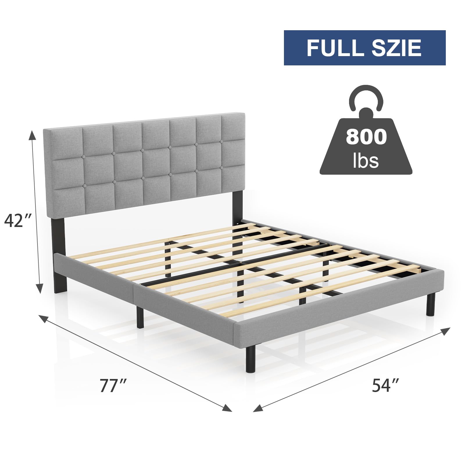 Molblly Full Bed Frame Upholstered Platform with Headboard and Strong Wooden Slats, Non-Slip and Noiseless,No Box Spring Needed, Easy Assembly,Light Gray