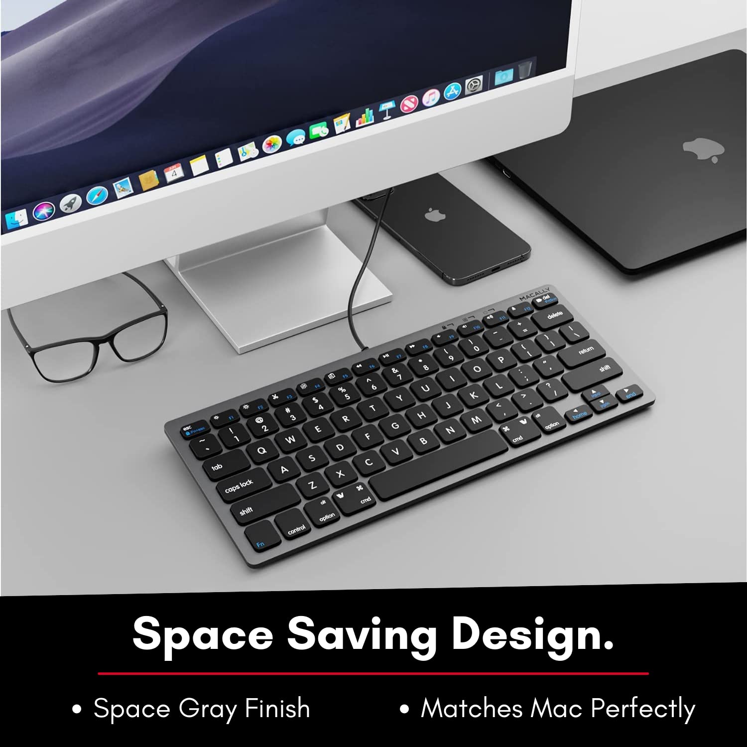 Macally Small USB Wired Keyboard for Mac and Windows - 78 Scissor Keys, 13 Shortcut Compatible Apple Keyboard - Mini Compact USB Computer Keyboard That Saves Space and Looks Great - Space Grey